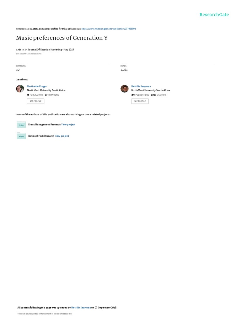 Music Preferences of Generation Y: Journal of Vacation Marketing May ...