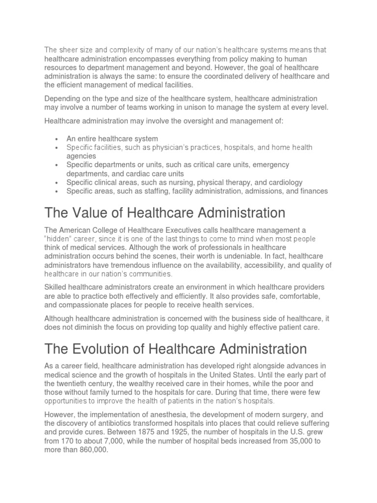 The Value of Healthcare Administration | PDF | Health Administration ...