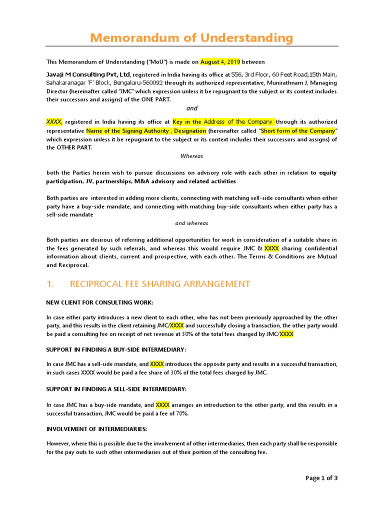 MOU Standard Template | PDF | Confidentiality | Fee