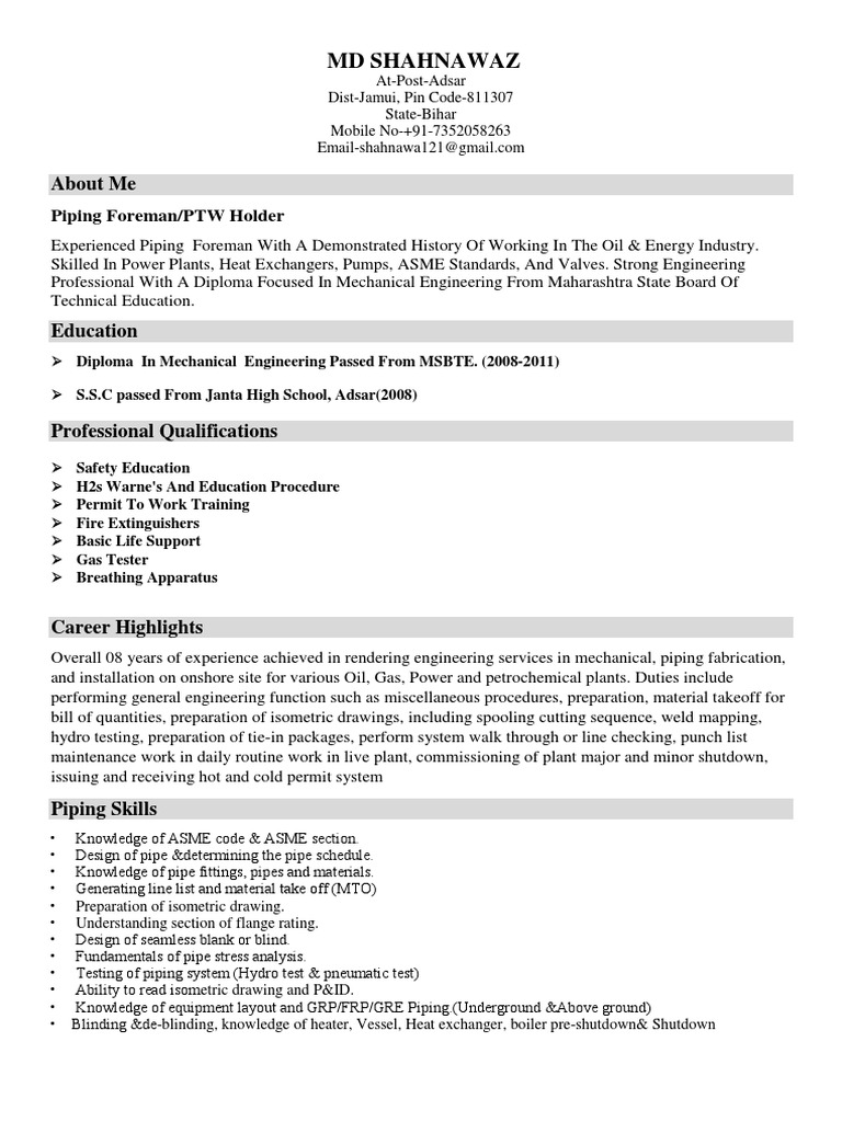 MD Shahnawaz: About Me | PDF | Pipe (Fluid Conveyance) | Mechanical ...