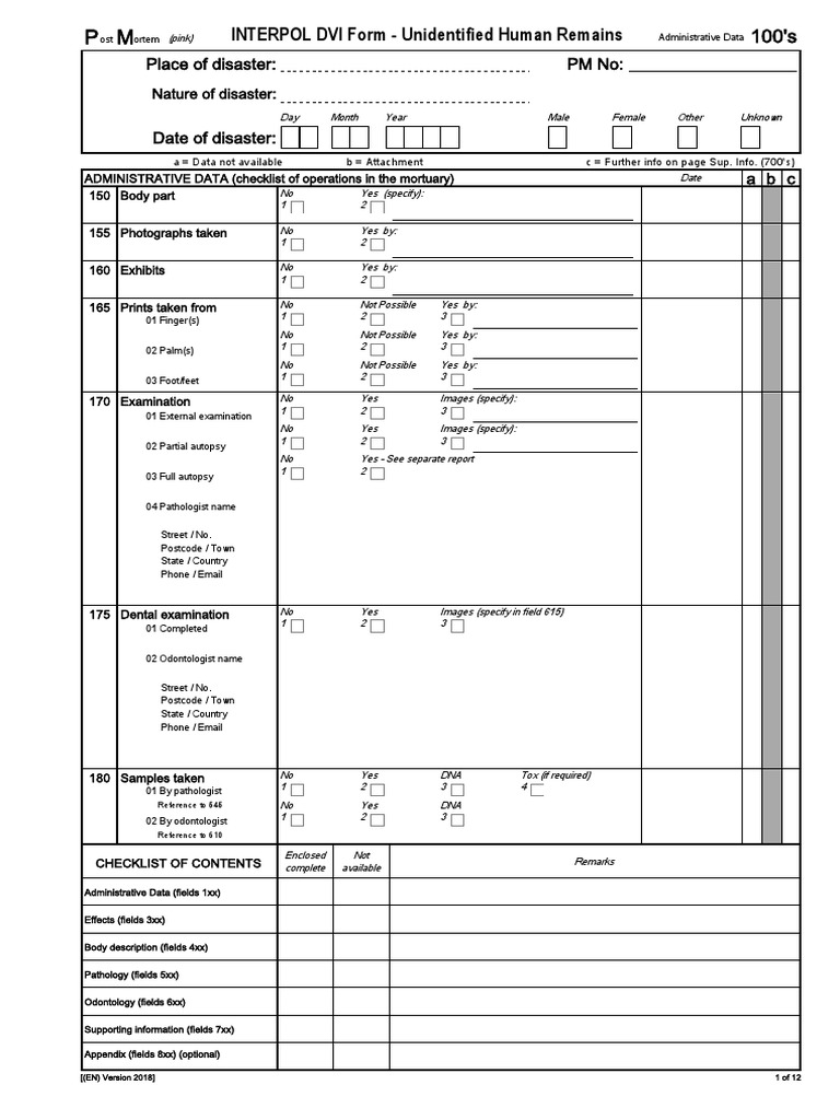 Post Mortem (Pink) INTERPOL DVI Form - Unidentified Human Remains | PDF ...