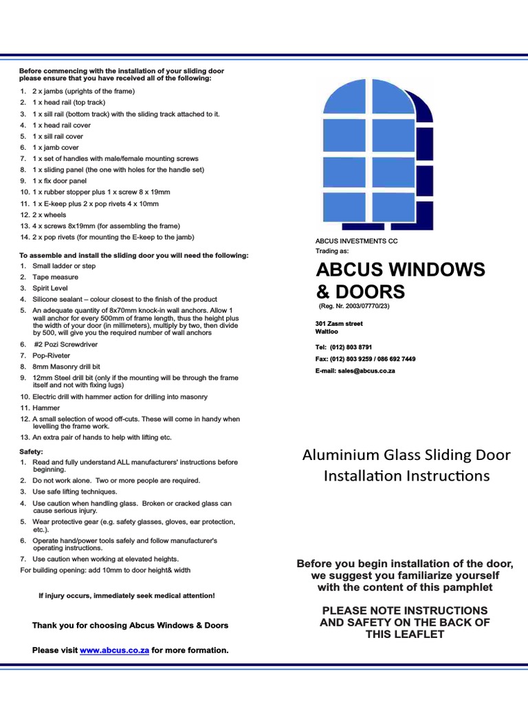 Sliding Door Installation Instructions | PDF | Door | Elevator