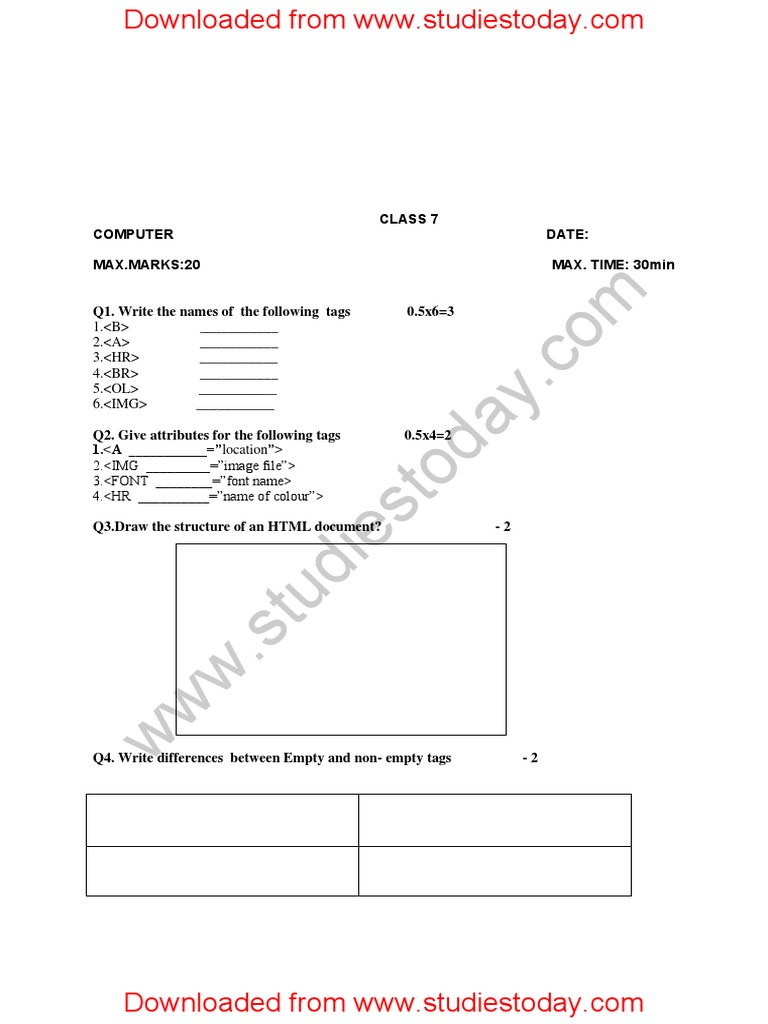 CBSE Class 7 Computer Science Question Paper Set A - 0 | PDF | Html ...