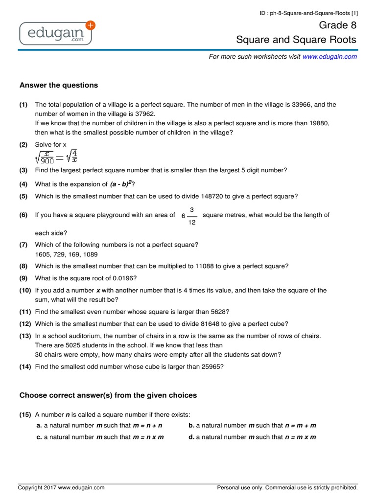 Grade 8 Square and Square Roots: Answer The Questions | PDF | Numbers ...