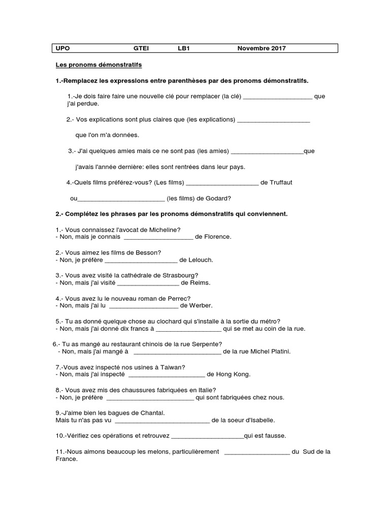 Exercices sur les pronoms démonstratifs | PDF