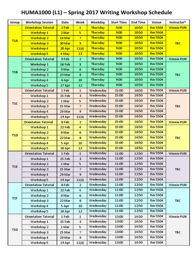 HUMA1000 (L1) - Spring 2017 Writing Workshop Schedule | PDF