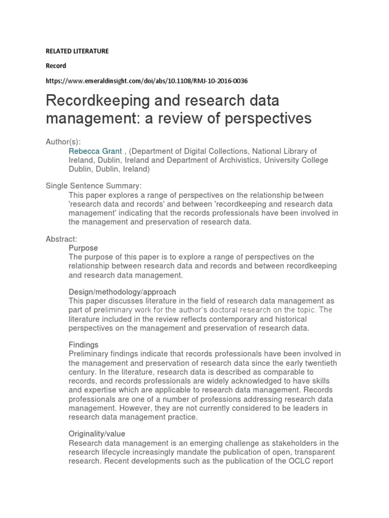 Recordkeeping and Research Data Management: A Review of Perspectives ...