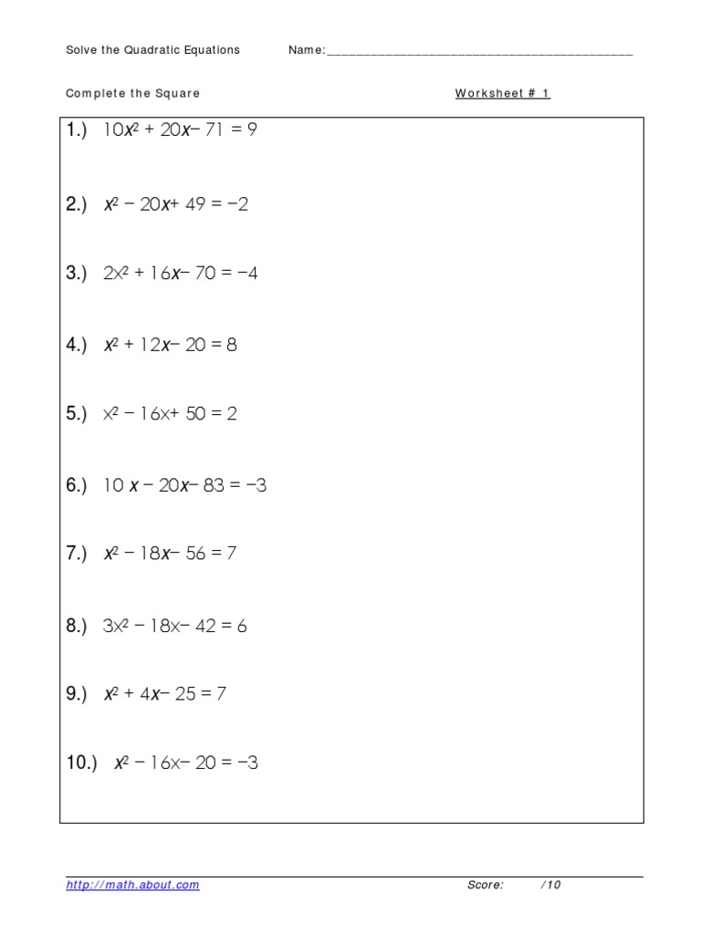 Complete The Square Worksheet # 1 | PDF | Teaching Methods & Materials ...