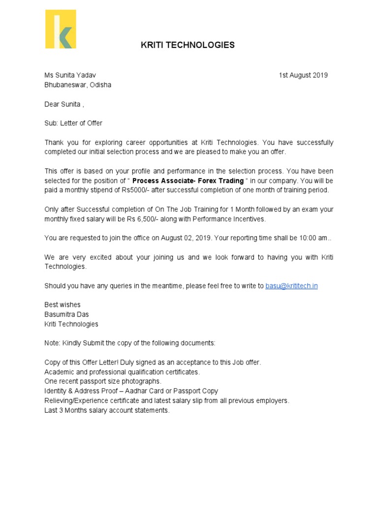 Offer Letter - Forex Trading Associate | PDF