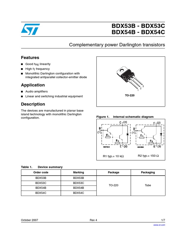 BDX53B - BDX53C BDX54B - BDX54C: Complementary Power Darlington ...