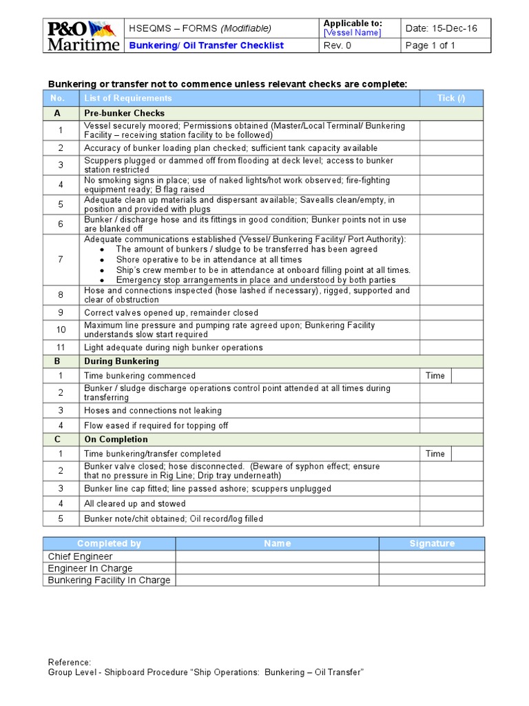 Bunkering/Oil Transfer Checklist: Ensuring Safety Procedures are ...