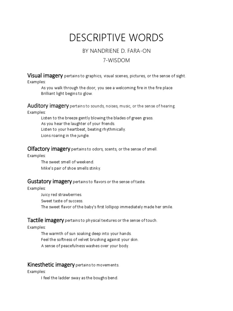 Descriptive Words: Visual Imagery | PDF