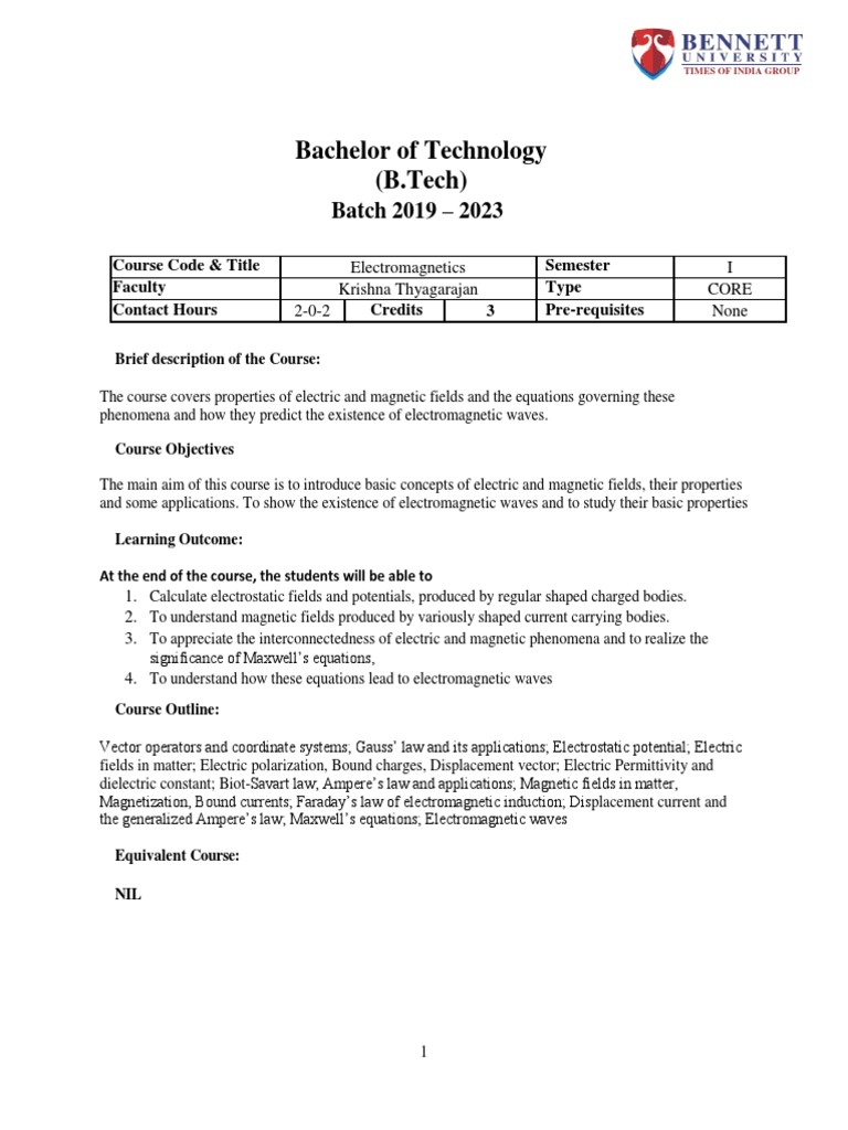 Course Handout EMT July 2019 | PDF | Electric Field | Maxwell's Equations