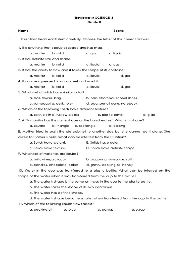 Grade 3 Science Reviewer with Answers | PDF | Liquids | Glasses