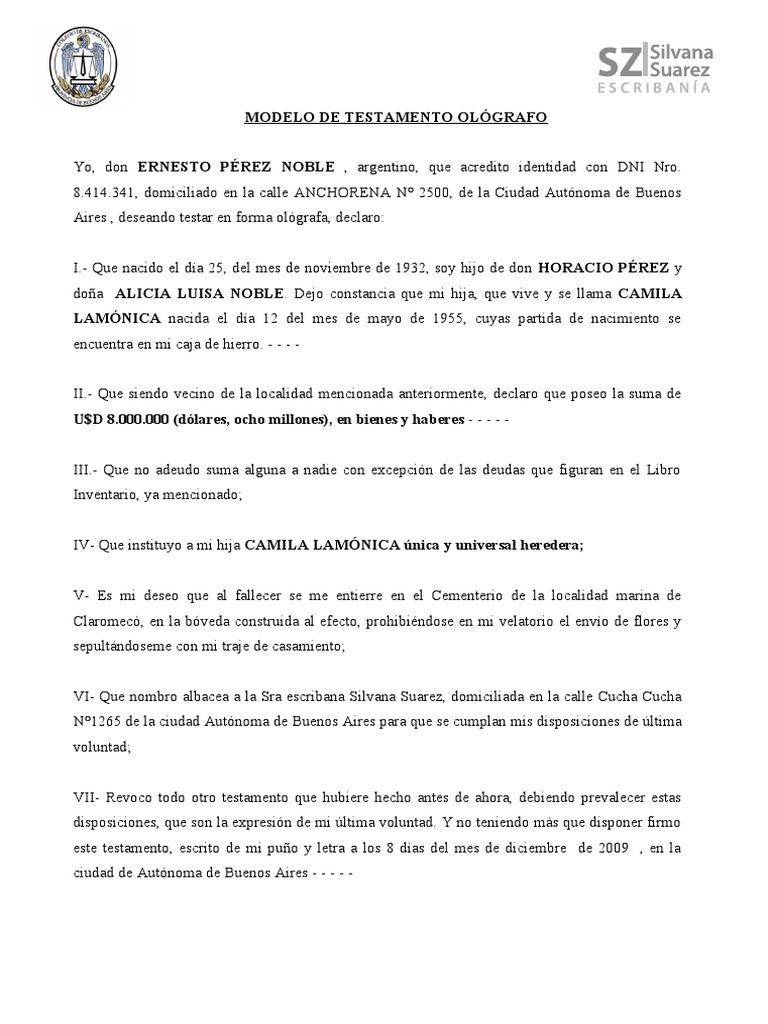 Modelo De Testamento Olografo Pdf Voluntad Y Testamentomodelo De ...