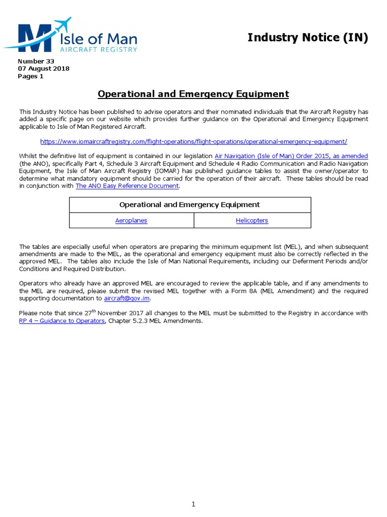 Isle of Man Aircraft Equipment Guidance | PDF
