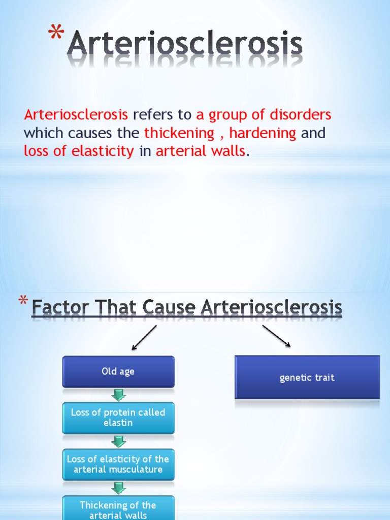 Arteriosclerosis A Group of Disorders Thickening, Hardening Loss of Elasticity Arterial Walls | PDF