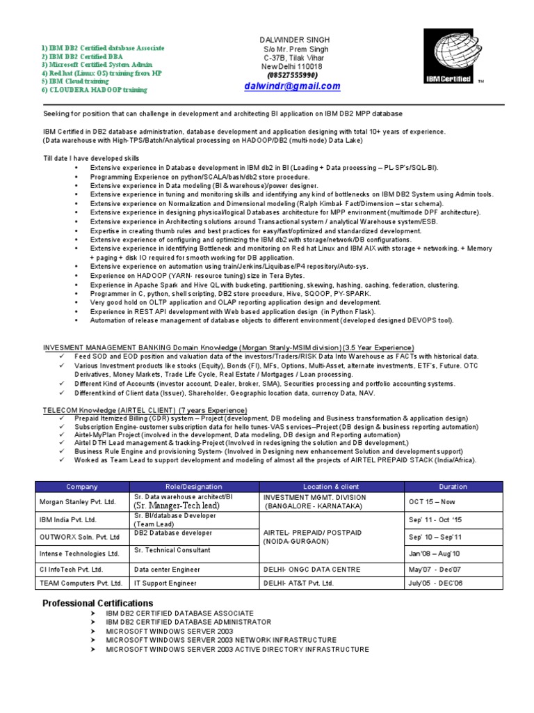 DB2 RESUME DalwinderSingh | PDF | Apache Hadoop | Databases