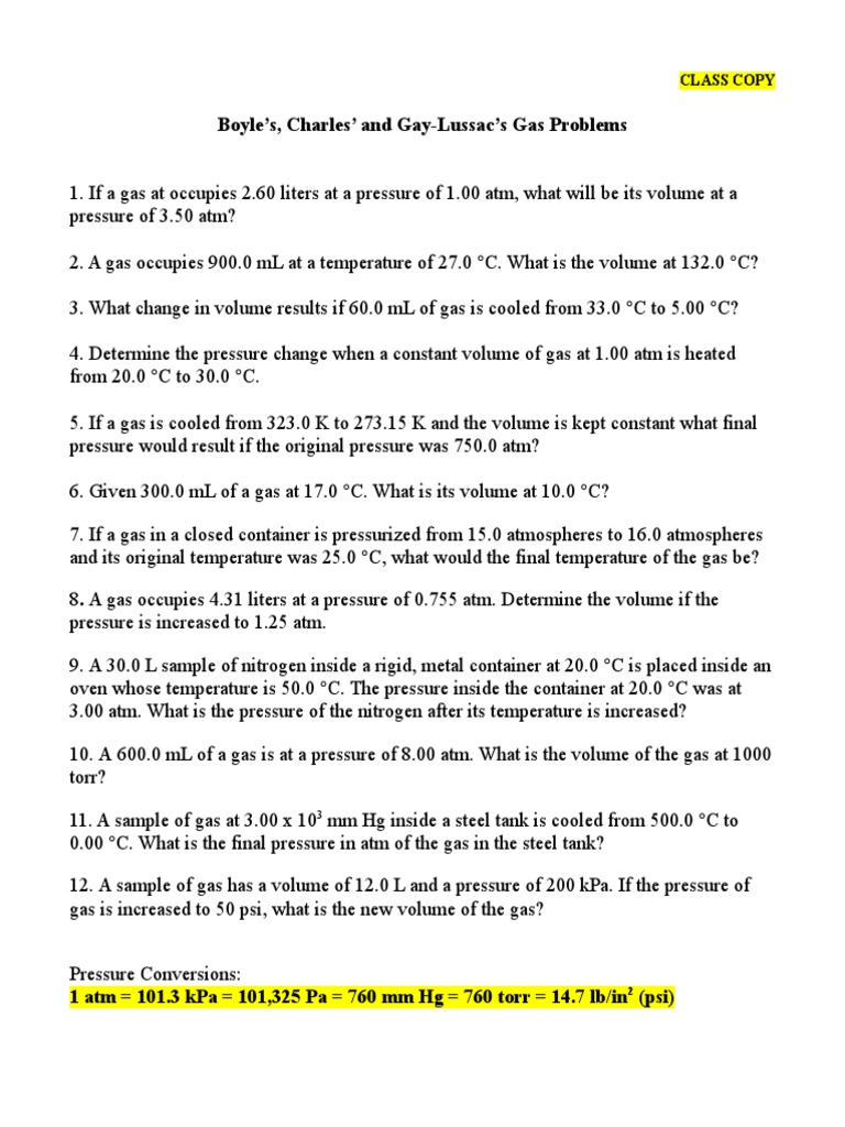 Gas Law Problems and Solutions | PDF | Gases | Pressure