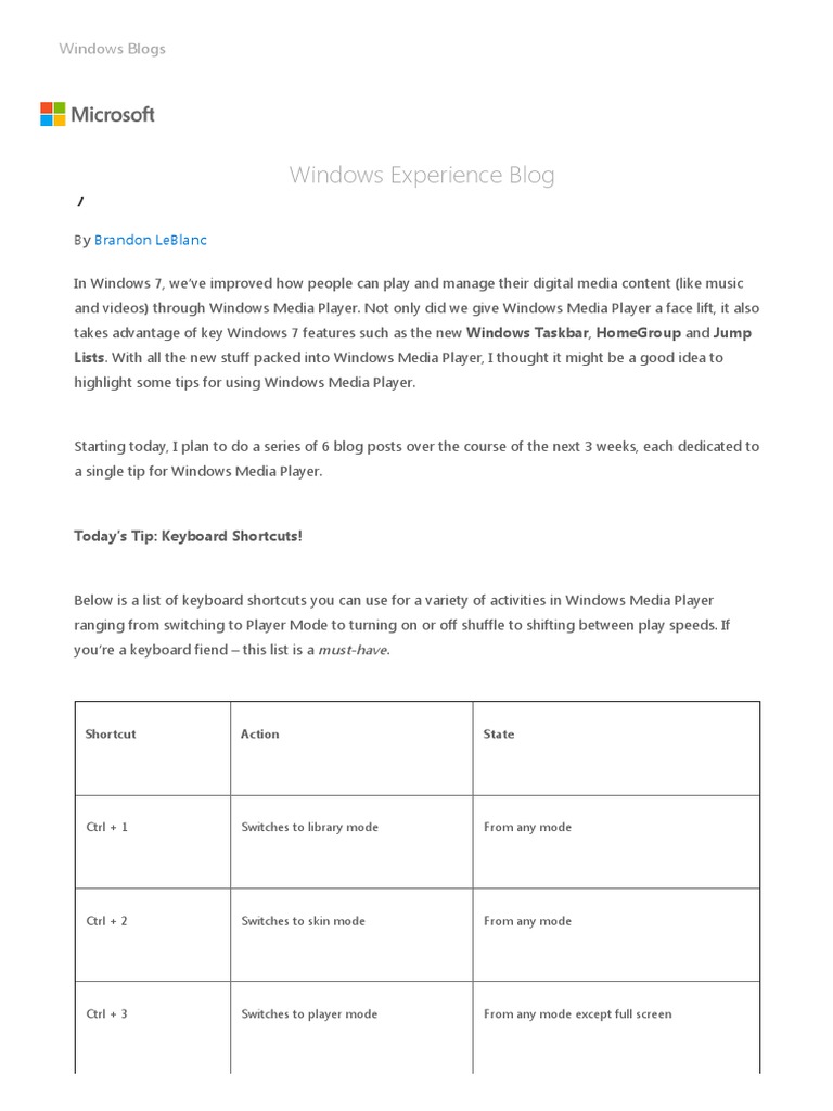 Keyboard Shortcuts For Windows Media Player in Windows 7 - Windows ...