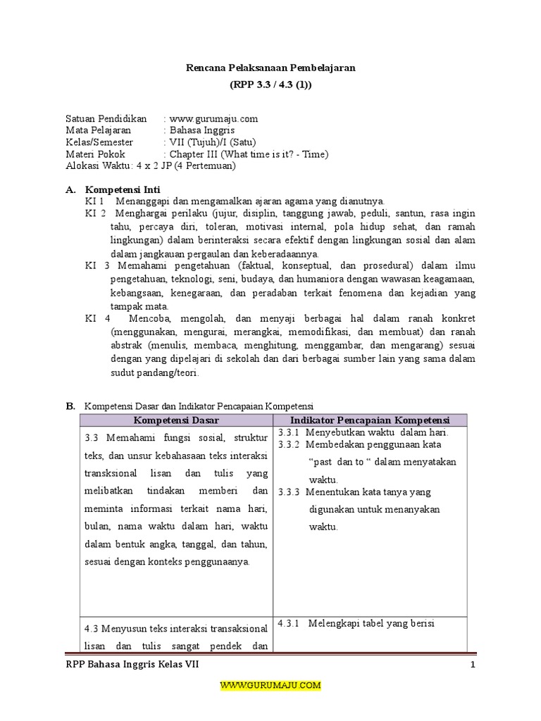 RPP Telling Time Kelas VII Bahasa Inggris | PDF | Karier & Perkembangan
