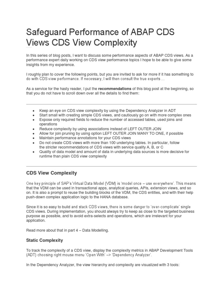Safeguard Performance of ABAP CDS Views CDS View Complexity | PDF | Sql ...