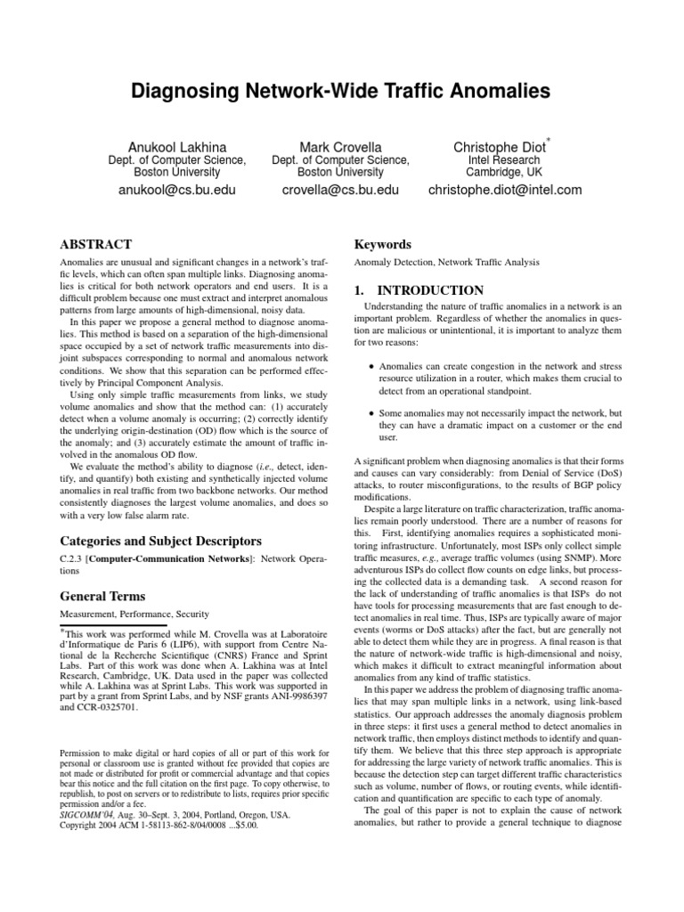 Diagnosing Network Wide Traffic Anomalies Pdf Principal Component Analysis Linear Algebra