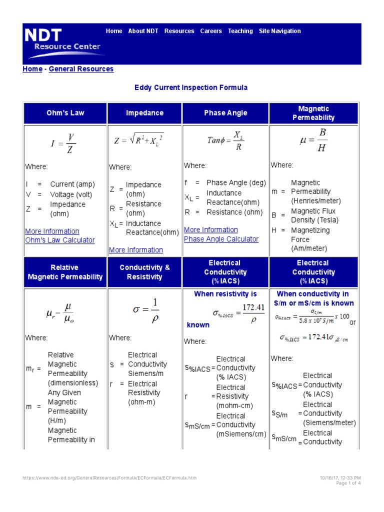 Home - General Resources Eddy Current Inspection Formula: Ohm's Law ...