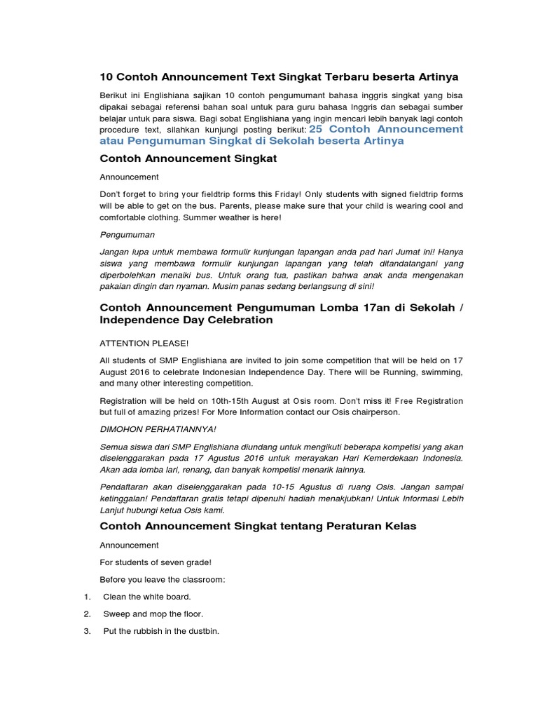 10 Contoh Announcement Text Singkat Terbaru Beserta Artinya | PDF ...