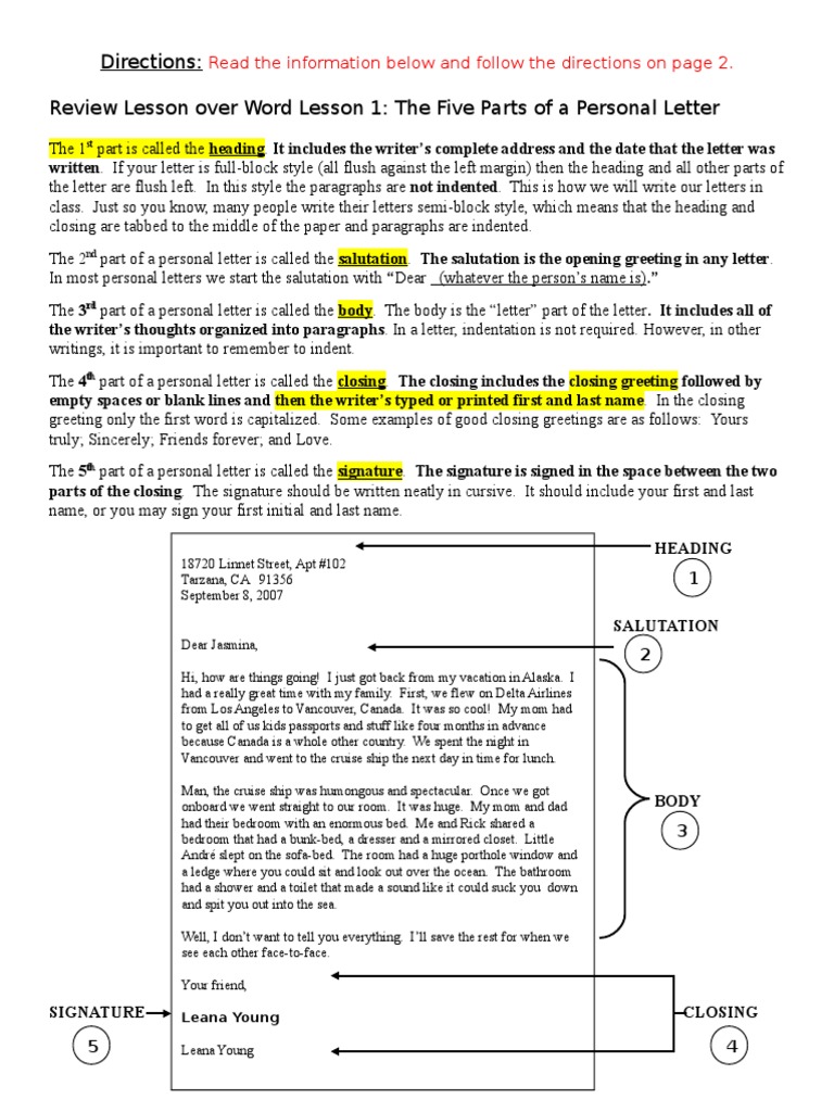 Five Parts Personal Letter | PDF | Paragraph | Writing