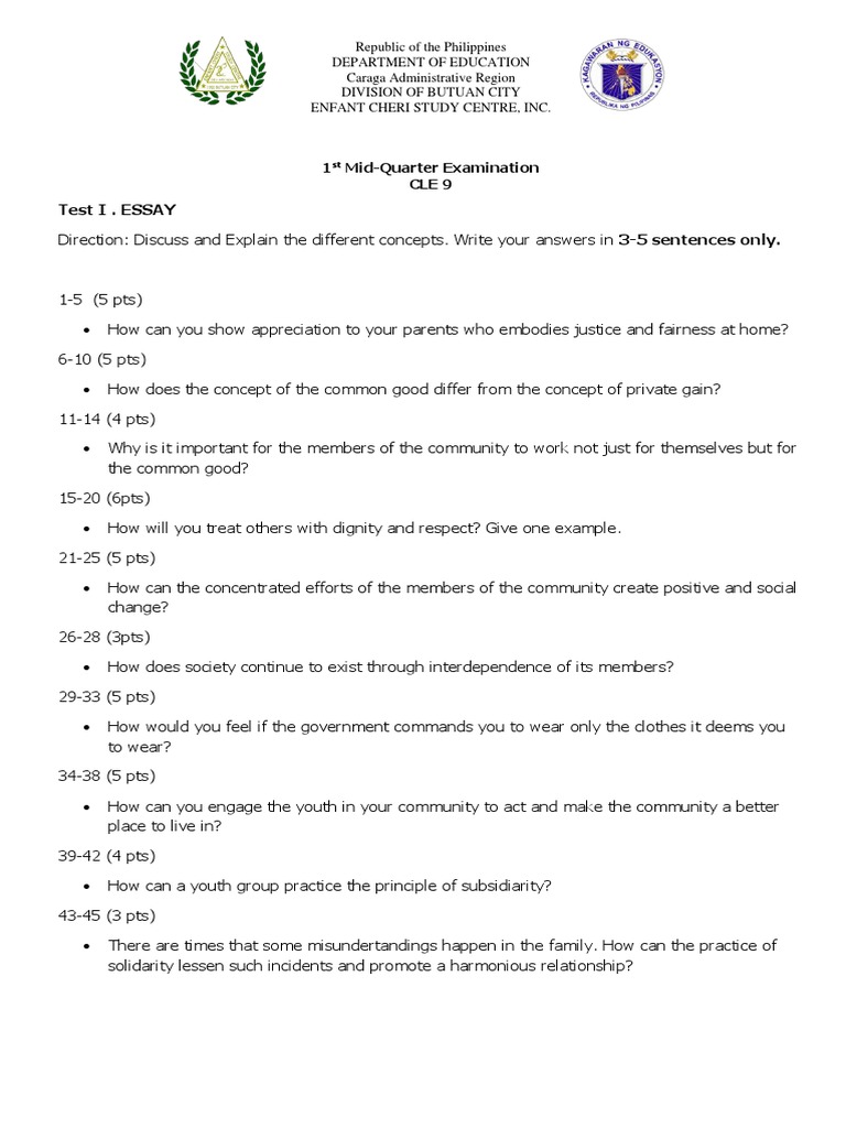 Mid-Quarter Exam: CLE 9 Essay Directions | PDF | Self-Improvement ...