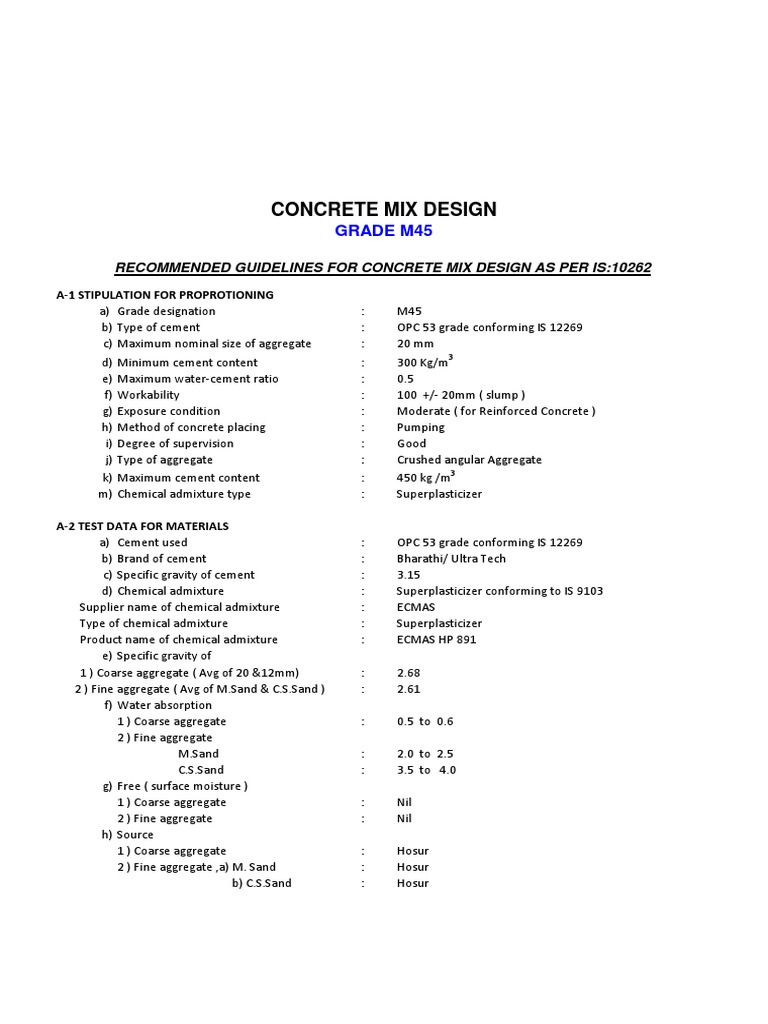 Concrete Mix Design: Grade M45 | PDF | Construction Aggregate | Concrete