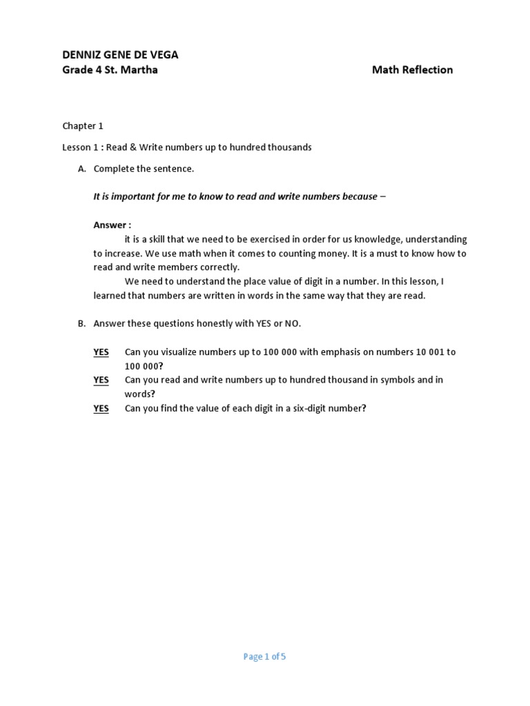 Math Reflection | PDF | Multiplication | Numbers