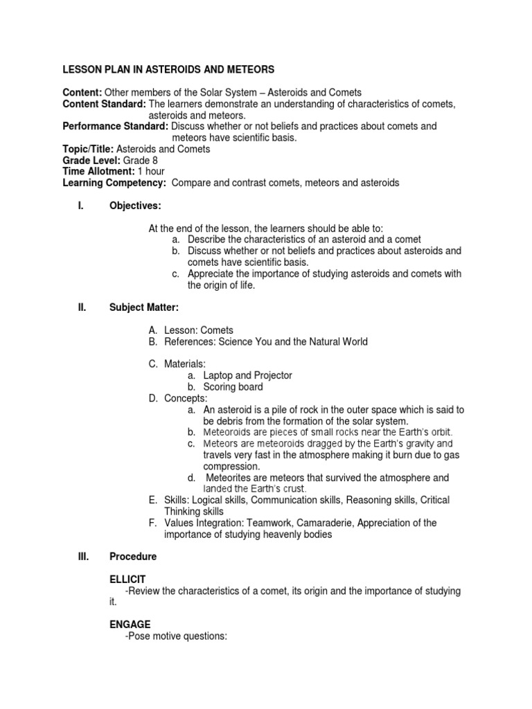 Asteroids and Comets Lesson Plan | PDF | Meteoroid | Asteroid