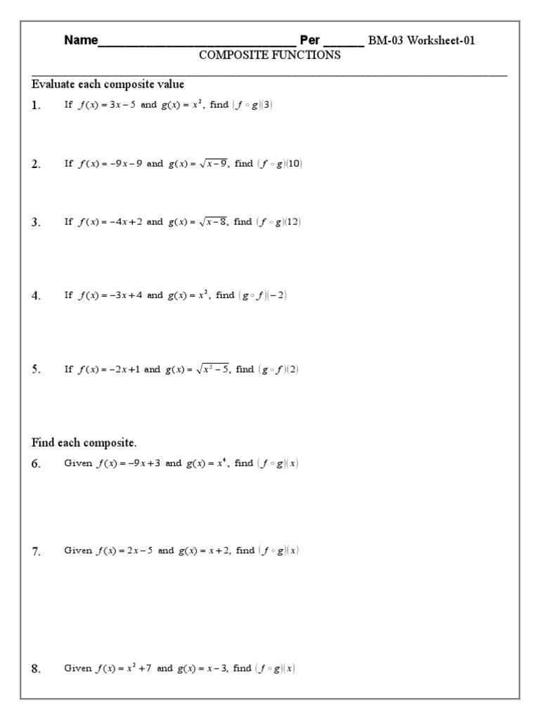Evaluating Composite Functions: A Worksheet on Finding the Composition ...