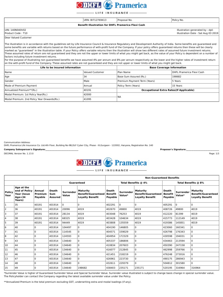 Benefit Illustration For DHFL Pramerica Flexi Cash | PDF | Insurance ...