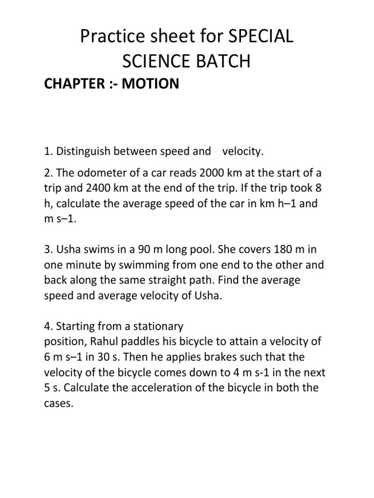 Practice Sheet For SPECIAL Science Batch: Chapter:-Motion | PDF
