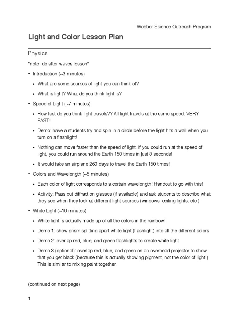 Physics Light Lesson Plan PDF | PDF