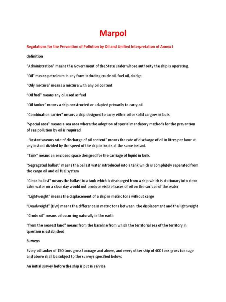Marpol: Regulations For The Prevention of Pollution by Oil and Unified ...
