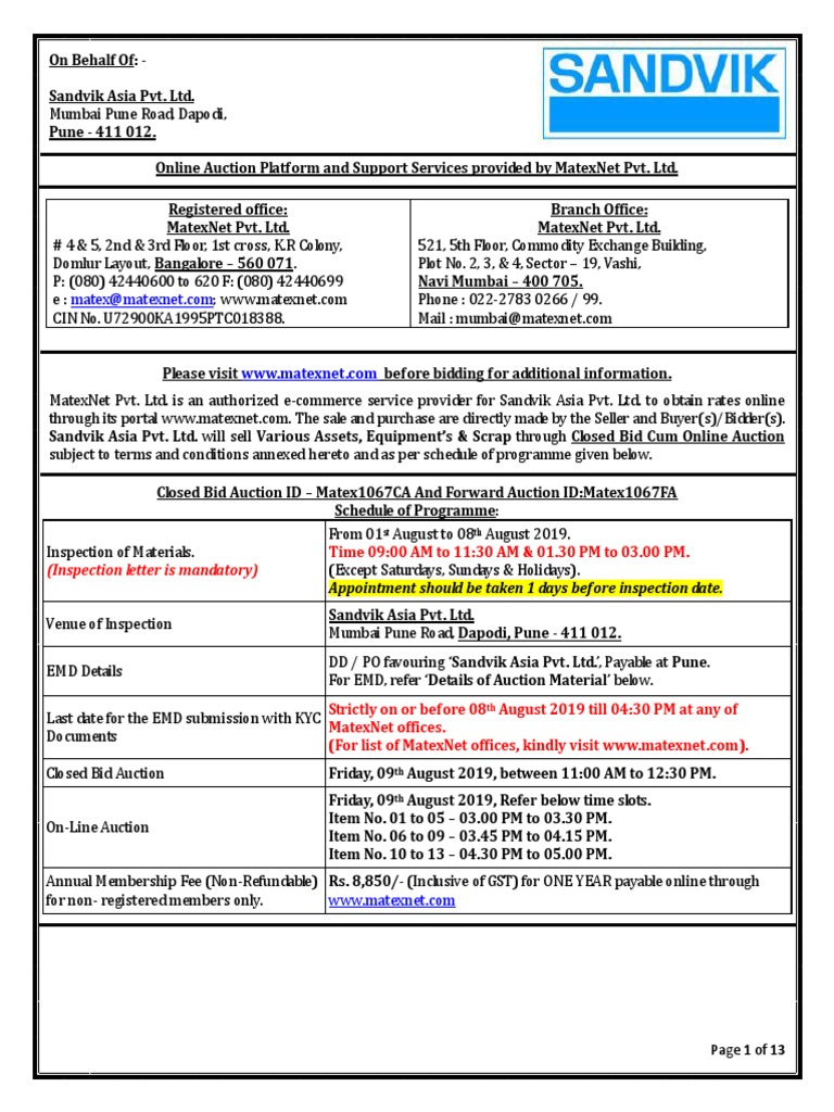 Sandvik Pune 09082019 Matex1067CA FA | PDF | Auction | Password