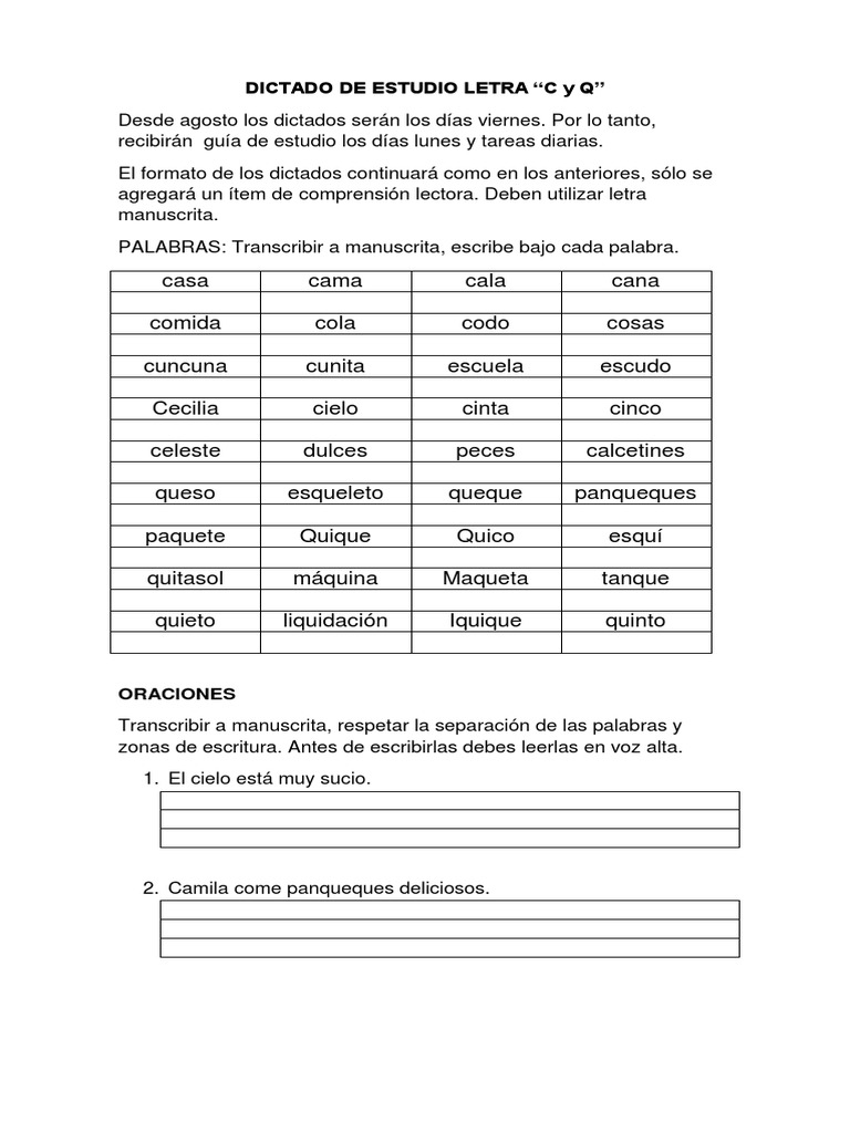 Dictado de palabras y oraciones con letras C y Q: estudio y práctica de ...