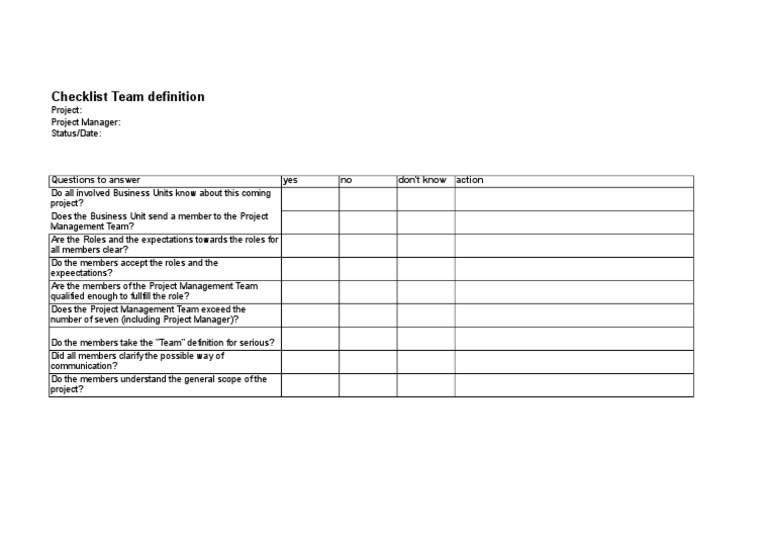 Checklist Team Definition: Questions To Answer Yes No Don't Know Action ...
