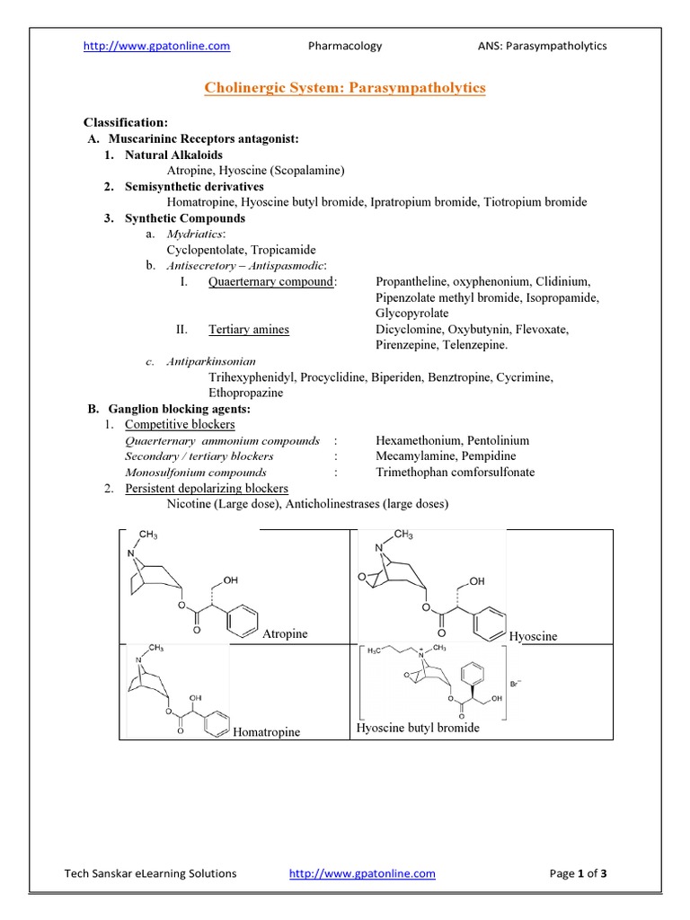 Cholinergic System: Parasympatholytics: Classification | PDF ...