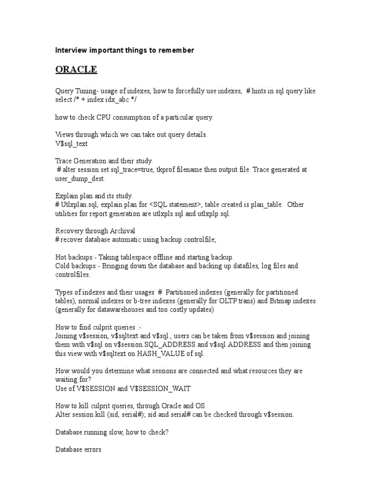 Interview Questions On Oracle DBA | PDF | Database Index | Oracle Database