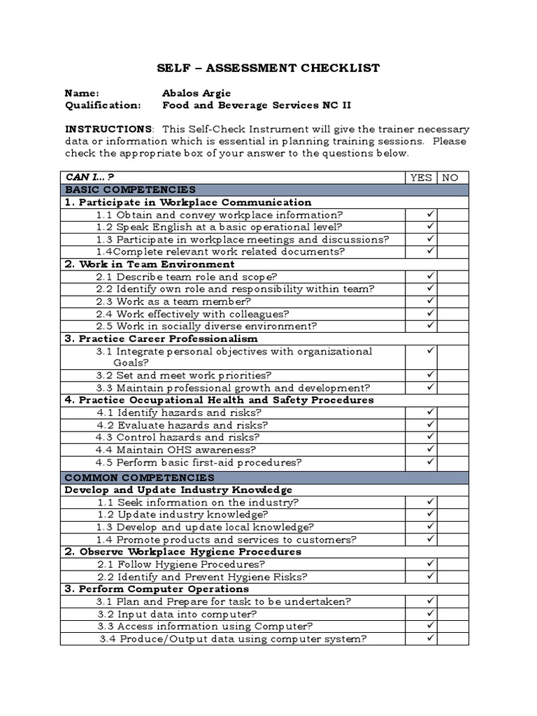 Self - Assessment Checklist: Can I ? | PDF | Occupational Safety And ...