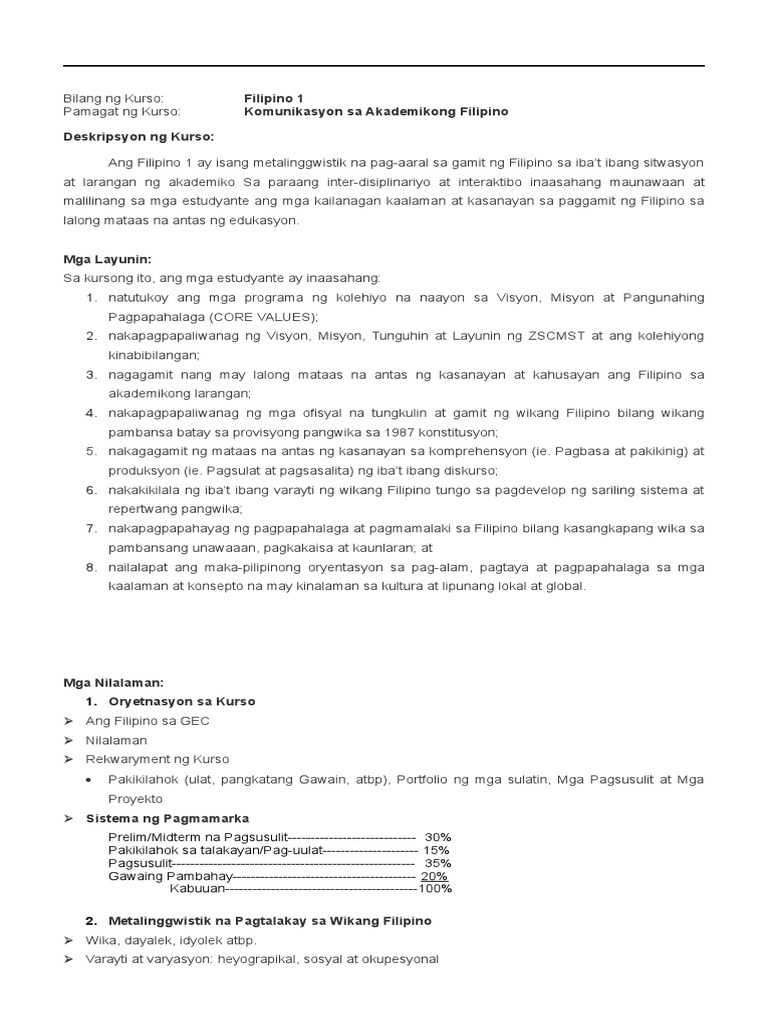 FILIPINO 1 Course Outline