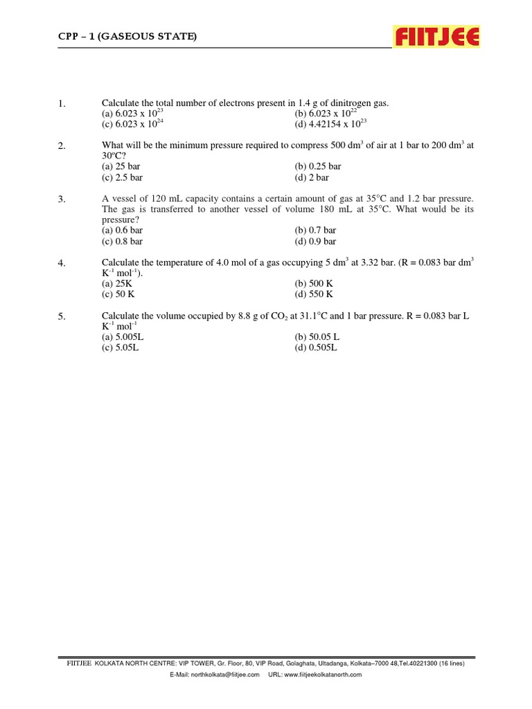 CPP - 1 (Gaseous State) : Fiitjee | PDF