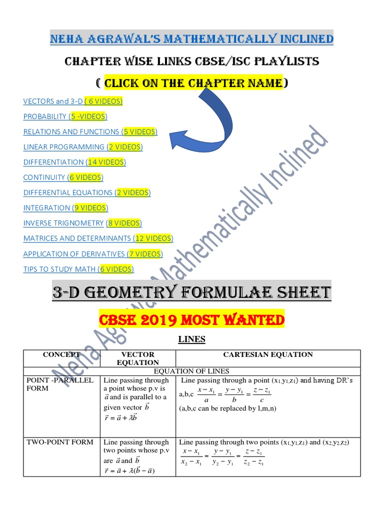 Class 12 3D Geometry Formula Sheet | PDF | Line (Geometry) | Plane ...
