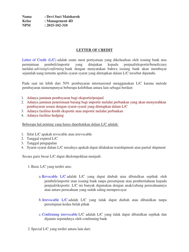 Contoh Letter of Credit untuk Ekspor | PDF | Pengelolaan Keuangan & Uang
