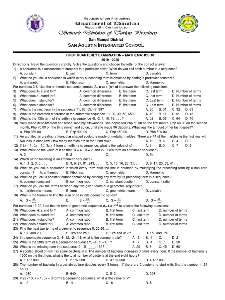 Mathematics 10 First Periodical Test 2019-2020 | PDF | Teaching ...